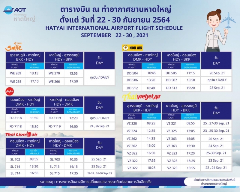 หาดใหญ่ | เที่ยวบินที่ให้บริการ ณ ท่าอากาศยานหาดใหญ่ ตั้งแต่วันที่ 22-30 กันยายน 2564 ...