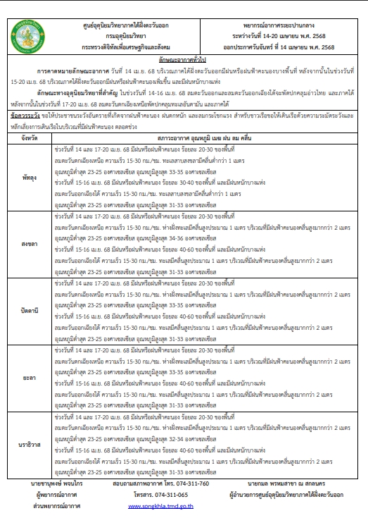 หาดใหญ่ | (สงขลา) ภาคใต้ 5 จว. มีฝนคะนองร้อยละ 40-60 วันที่ 17- 20 เม.ย. 68 || Hatyaifocus.com